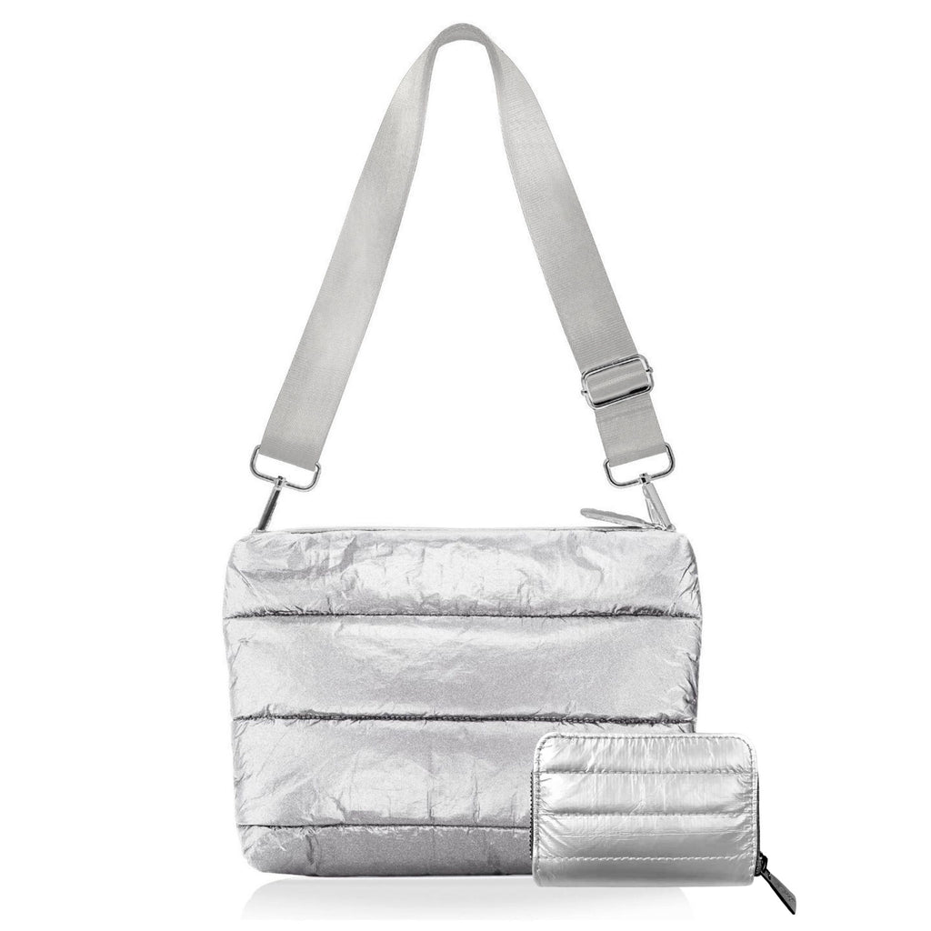 Set of Two Crossbody Puffer Purse Handbag & Wallet - Silver