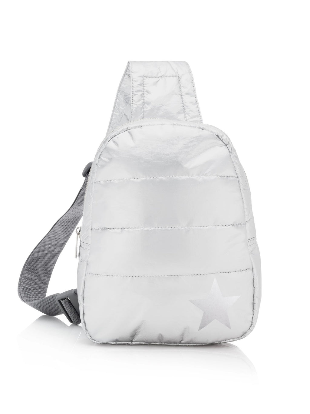 Puffer Crossbody Backpack & Water Bottle Holder in Shimmer White ...